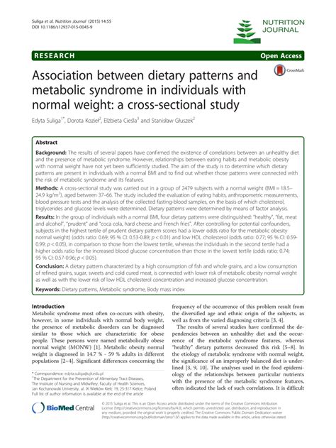 Pdf Association Between Dietary Patterns And Metabolic Syndrome In
