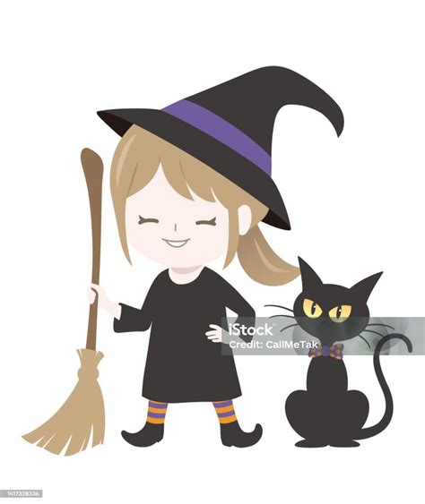 하얀 배경에 고립 된 그녀의 마법 빗자루를 들고있는 검은 고양이와 귀여운 마녀 10월에 대한 스톡 벡터 아트 및 기타 이미지