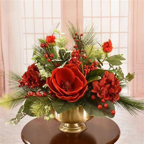 Red Magnolia And Hydrangea Winter Floral Centerpiece With Berries Faux