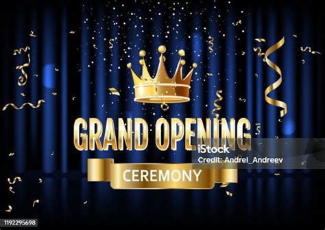 그랜드 오프닝 골든 크라운과 색종이와 함께 골든 초대 장 파란색 커튼에 대해 벡터 일러스트레이션 0명에 대한 스톡 벡터 아트 및 기타 이미지 Istock