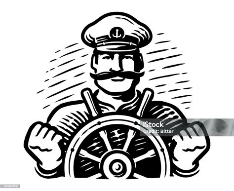 조타실에 있는 선장 항해 선원 엠블럼 또는 로고 흑인과 백인 벡터 일러스트 레이 션 군복에 대한 스톡 벡터 아트 및 기타 이미지