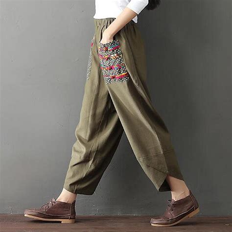 Купити Проектор Жіночі літні повсякденні вільні широкі штани з бавовни та льону з вишивкою Joom