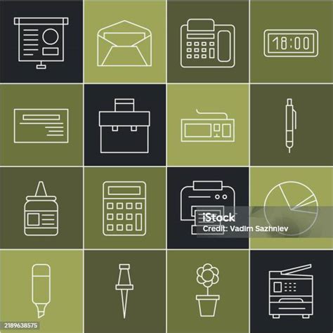 라인 프린터 파이 차트 인포그래픽 펜 전화 서류 가방 명함 다이어그램이 있는 칠판 및 키보드 아이콘을 설정합니다 벡터 가방에 대한 스톡 벡터 아트 및 기타 이미지 Istock