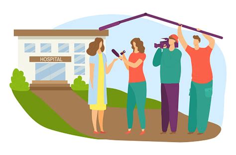 기자 여성 캐릭터 뉴스 채널 인터뷰 의사 개업 병원 건물 평면 벡터 삽화 흰색으로 격리 개념에 대한 스톡 벡터 아트 및 기타 이미지 개념 구급대원 마이크 Istock