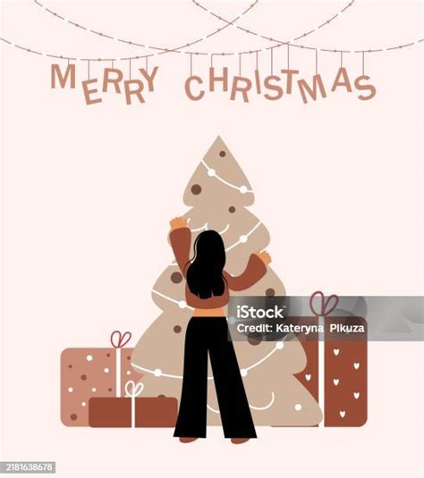 즐거운 성탄절 소녀 크리스마스 트리 선물 상자 크리스마스 트리를 장식하는 여자입니다 인사말 카드 포스터 배너 휴일 벡터 일러스트 레이 션 12월에 대한 스톡 벡터 아트 및