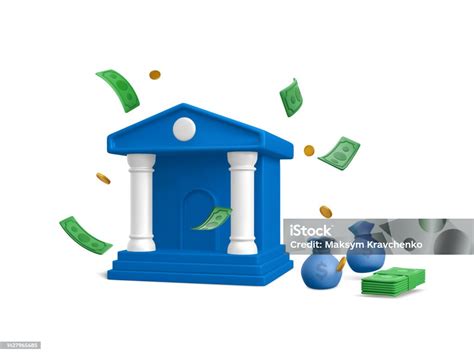 떨어지는 지폐 돈 더미 돈 가방 및 현실적인 만화 스타일의 둥근 그래프가있는 은행 건물 은행 사업을위한 3d 현실적인 배너 및 포스터 벡터 일러스트 레이 션 3차원 형태에