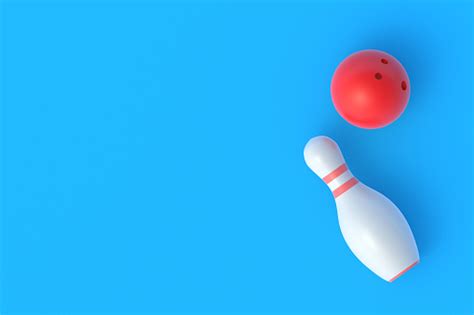 빨간색 볼링 공과 파란색 배경에 흰색 핀 활동적인 스포츠 취미와 레저 경쟁과 챔피언십 공간을 복사합니다 맨 위 보기입니다 3d 렌더링 개념에 대한 스톡 사진 및 기타 이미지