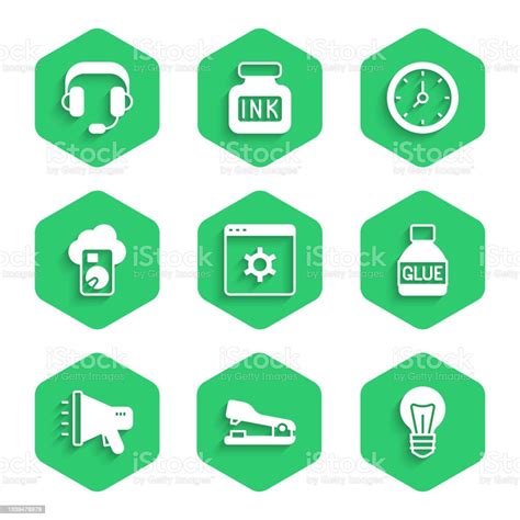 브라우저 설정 스테이플러 전구 접착제 메가폰 클라우드 데이터베이스 시계 및 헤드폰 아이콘을 설정합니다 벡터 0명에 대한 스톡 벡터 아트 및 기타 이미지 Istock