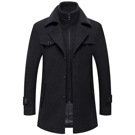 Caqnni 2024 Mens Wool Blend Pea Coat Classic Overcoat Slim Fit Long