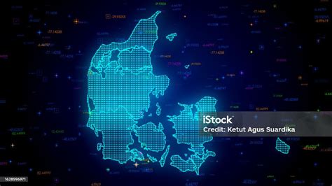 미래 지향적인 파란색 다채로운 반짝이는 디지털 기술 Hud Dots 모자이크 그리드 덴마크 지도 별도의 지역 숫자 기술 입자로