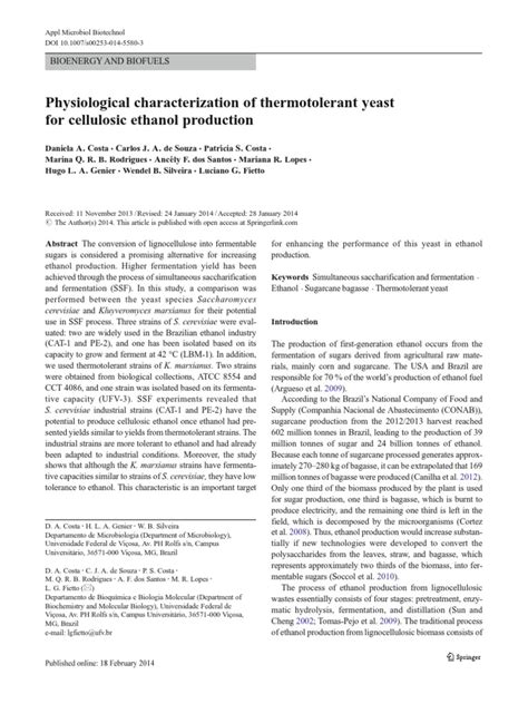 Physiological Characterization Of Thermotolerant Yeast For Cellulosic Ethanol Production Pdf