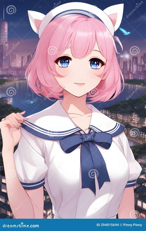 One Cute Anime Girl With Short Pink Hair And Bear Ears Wearing White