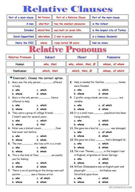 A Worksheet For Relative Pronouns With Explanations And Multiple Choice