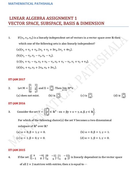 Linear Algebra Assignment 1 Vector Space, Subspace, Basis & Dimension ...