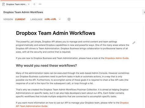 dropbox postman collection for team admin workflows dropbox
