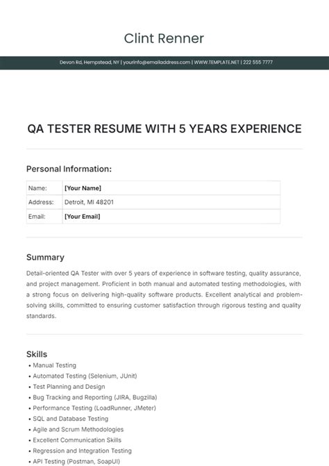 Free Tester Resume Templates To Edit Online And Download