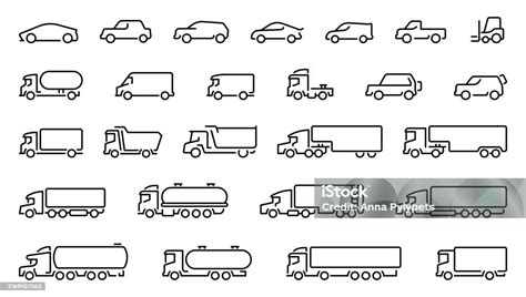 자동차 아이콘 컬렉션 큰 세트 개요 자동차 아이콘 다양한 유형의 교통 수단 자동차 아이콘의 윤곽선을 그립니다 교통수단의 종류 0명에 대한 스톡 벡터 아트 및 기타 이미지