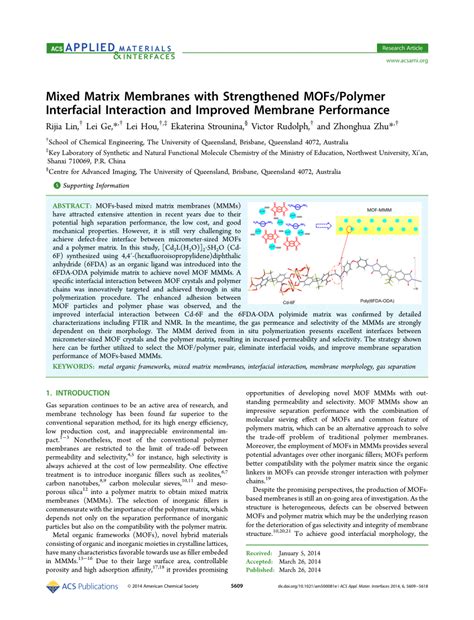 Pdf Mixed Matrix Membranes With Strengthened Mofspolymer Interfacial
