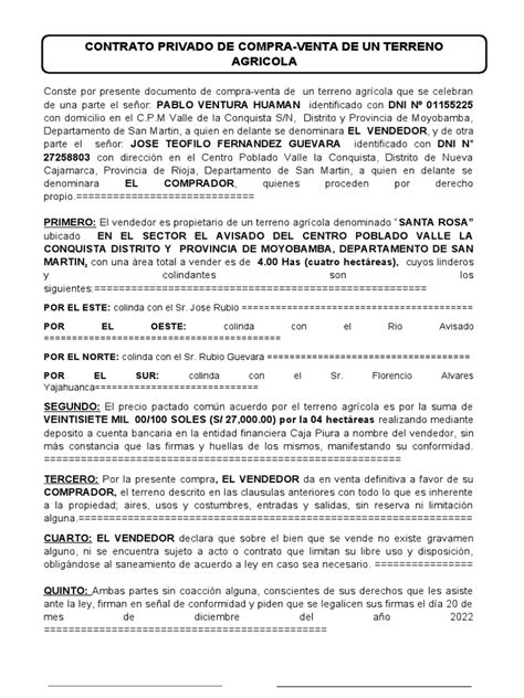Contrato De Compra Y Venta De Un Terreno Pdf Consentimiento Ley