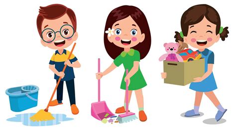 Niños De Dibujos Animados Vectoriales Que Limpian En Casa Colocan A Los