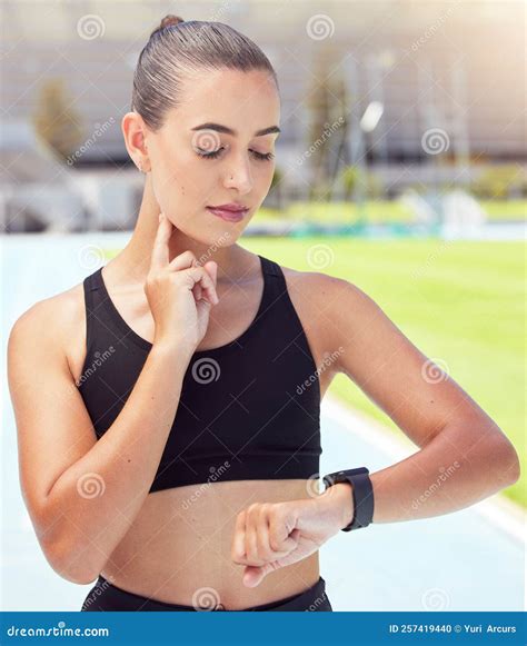 Fitness Woman Smartwatch And Checking Pulse After Exercise Workout Or Training Of Athlete