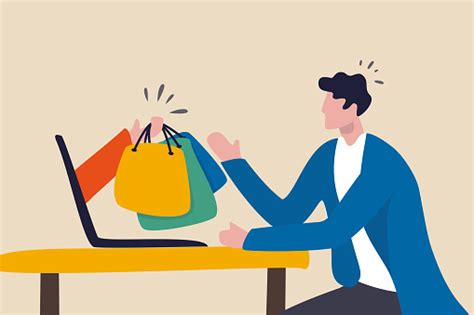 온라인 쇼핑 및 익스프레스 배달 전자 상거래 웹 사이트는 인터넷 개념을 통해 주문 젊은 남자는 손 배달 쇼핑 가방을 도와 웹 사이트에서 상품을 주문하는 컴퓨터 노트북을