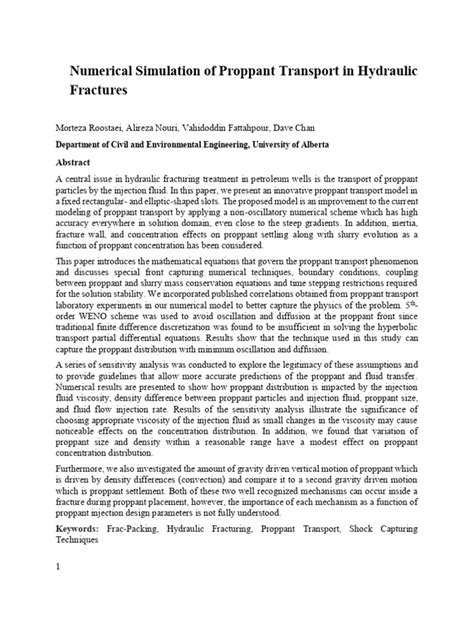 Numerical Simulation Of Proppant Transport In Hydraulic Fractures Pdf