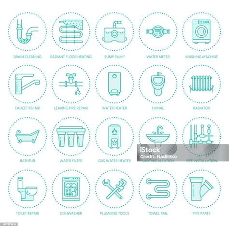 배관 서비스 벡터 플랫 라인 아이콘입니다 집 목욕탕 장비 수도 꼭지 화장실 파이프라인 세탁기 식기 세척기 얇은 선형 징후 허드 렛 일꾼 서비스 배관공 수리 그림 설치에 대한