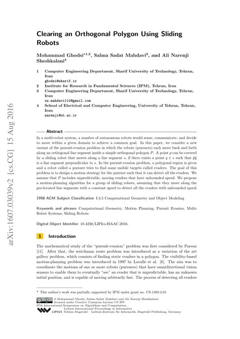 Pdf Clearing An Orthogonal Polygon Using Sliding Robots