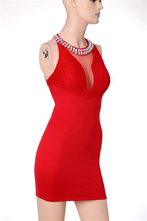 Hot Sexy Red Jewels Neck Club Party Bodycon Mini Dress N11171