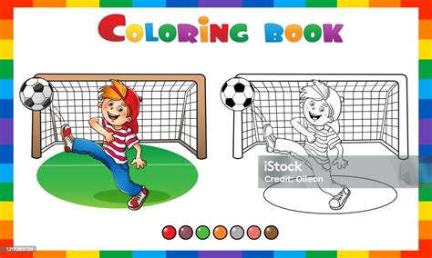 축구 공을 걷어 차는 만화 소년의 색칠 페이지 개요 축구 아이들을위한 색칠 공부 색칠하기에 대한 스톡 벡터 아트 및 기타 이미지