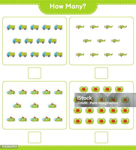 계산 게임 얼마나 많은 트럭 비행기 잠수함 그리고 젖꼭지 교육 어린이 게임 인쇄 가능한 워크 시트 벡터 일러스트 레이 션 0명에 대한 스톡 벡터 아트 및 기타 이미지