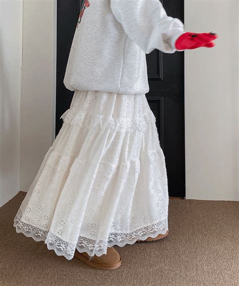 커넥트 허리밴딩 레이스 기모 캉캉 롱 스커트 2color