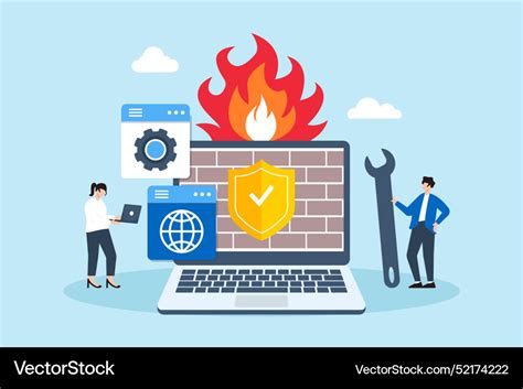 Flat Of Two People Configuring Firewall Settings Vector Image