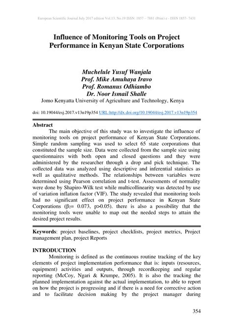 Pdf Influence Of Monitoring Tools On Project Performance In Kenyan