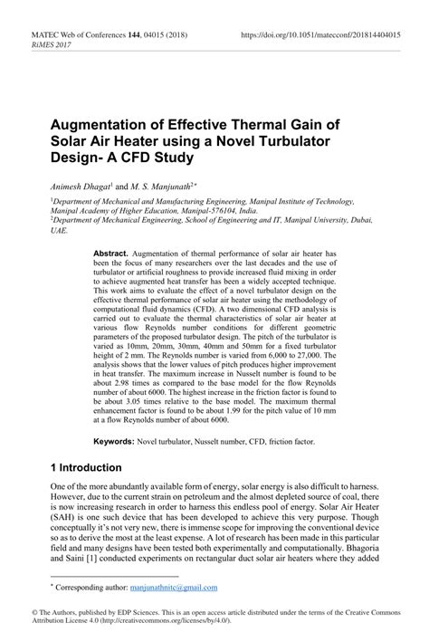 Pdf Augmentation Of Effective Thermal Gain Of Solar Air Heater Using