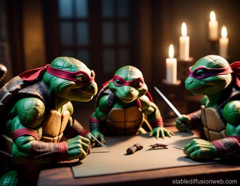 Ninja Turtles Doing The Act Of Draw On Canvas While The Rat Master Splinter Teaching Them