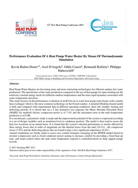 Pdf Performance Evaluation Of A Heat Pump Water Heater By Means Of