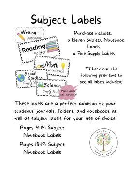 Notebook Subject Labels By Clark S Apple Tree TPT