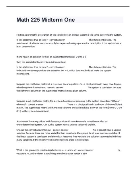 Math 225 Midterm One Exam Questions And Well Elaborated Answers 100 Guaranteed Math 225n