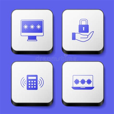 Set Monitor With Password Lock Security Keypad Access Panel And Laptop Icon White Square