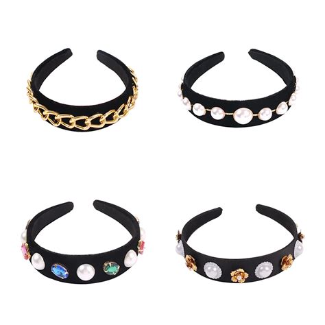 두꺼운 스폰지 베젤 벨벳 빈티지 머리띠 여성용 모조 진주 후프 넓은 머리띠 금속 체인 머리띠 액세서리여성 헤어 액세서리 Aliexpress