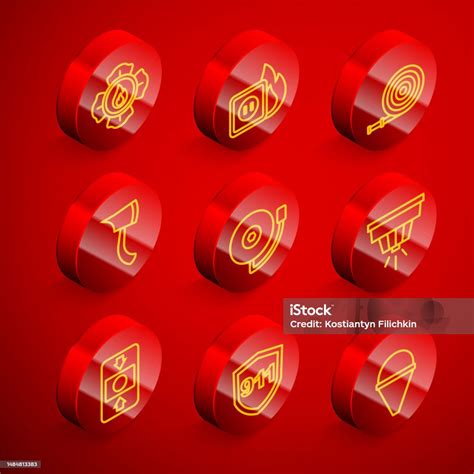 라인 소방관 화재 소켓의 전기 배선 호스 릴 도끼 울리는 경보 벨 연기 시스템 및 비상 전화 911 아이콘을 설정합니다 벡터 3차원 형태에 대한 스톡 벡터 아트 및 기타