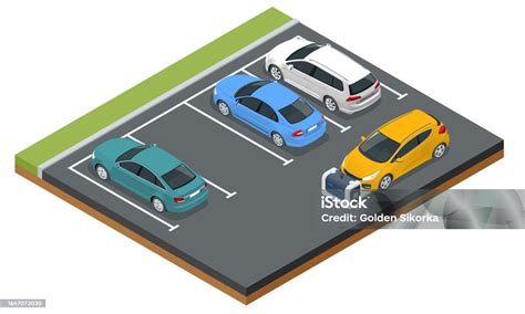 아이소메트릭 로봇 발렛 파킹 차량 야외 발렛 파킹 로봇 자동차용 자동 주차 시스템 주차장에 대한 스톡 벡터 아트 및 기타 이미지