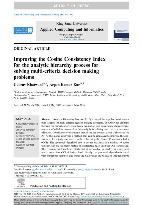pdf improving the cosine consistency index for the analytic hierarchy