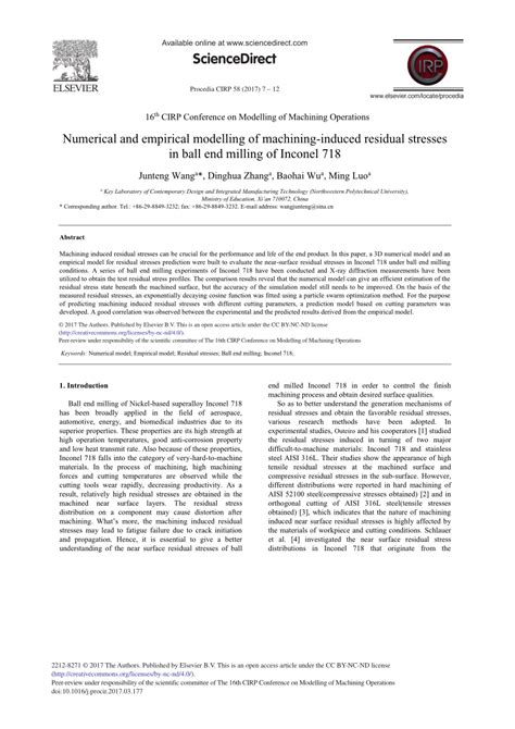 Pdf Numerical And Empirical Modelling Of Machining Induced Residual Stresses In Ball End