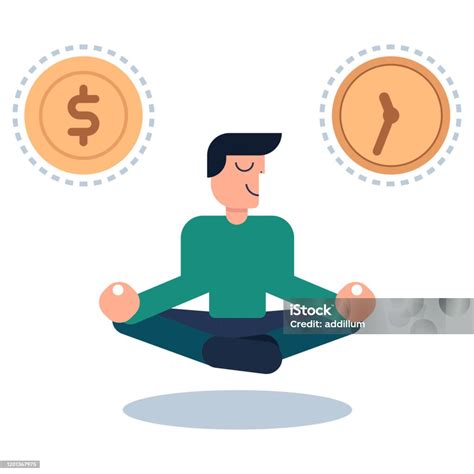 만화 남자는 시간과 돈으로 자신의 균형을 발견했다 선 평화와 정신 적 평온에 연꽃에 앉아 마음 챙김 명상 남자 플랫 벡터 일러스트레이션 개념에 대한 스톡 벡터 아트 및 기타