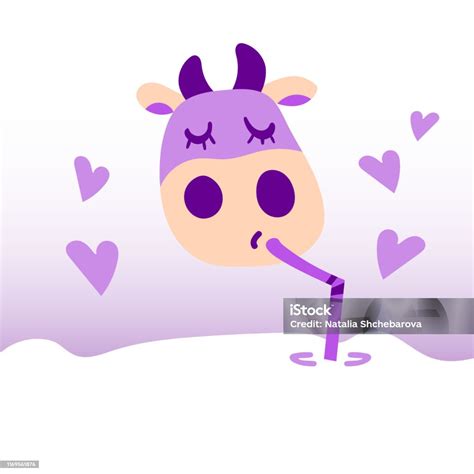 벡터 일러스트 플랫 만화 암소 빨대와 우유를 마시는 손으로 그린 보라색 색상 마음 패키지 포스터 라벨 디자인 배너 전단지 등에 적용 가능 낙서 드로잉에 대한 스톡 벡터 아트