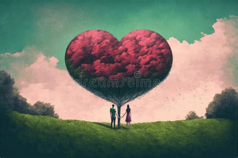 Valentine S Day Drawing Of Couple By Heart Shaped Tree Stock Illustration Illustration Of