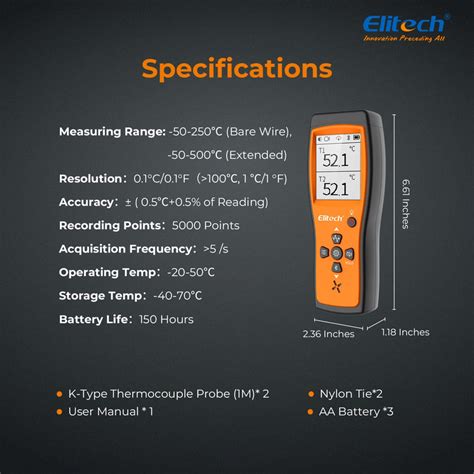 Elitech Dual Digital Thermocouple Temperature Thermometer With 2 K Typ Elitech Technology Inc